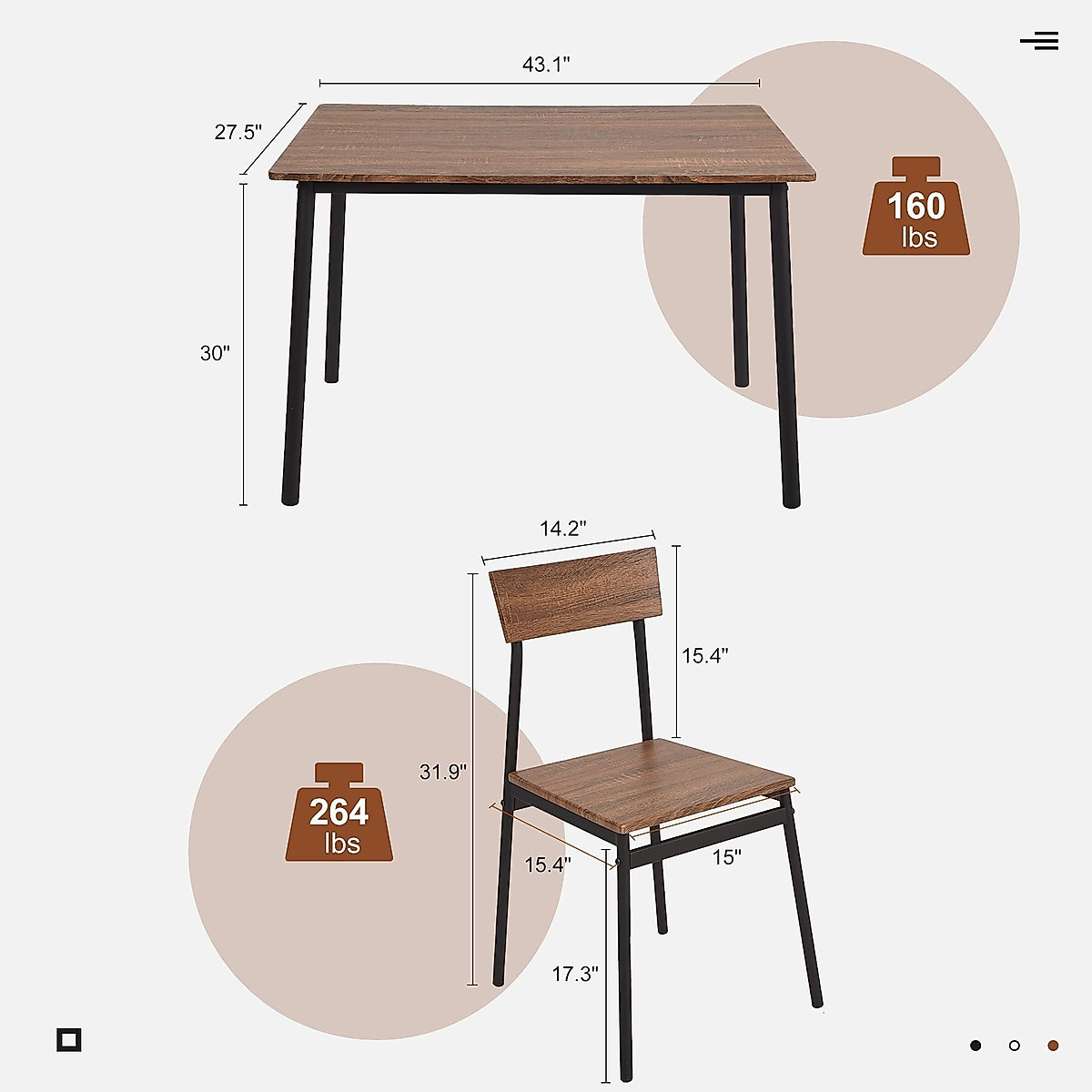 Dporticus 5-Piece Kitchen & Dining Room Sets for 4 Dining Table Set Rustic Industrial Style Wooden Kitchen Table and Chairs with Metal Frame- Brown