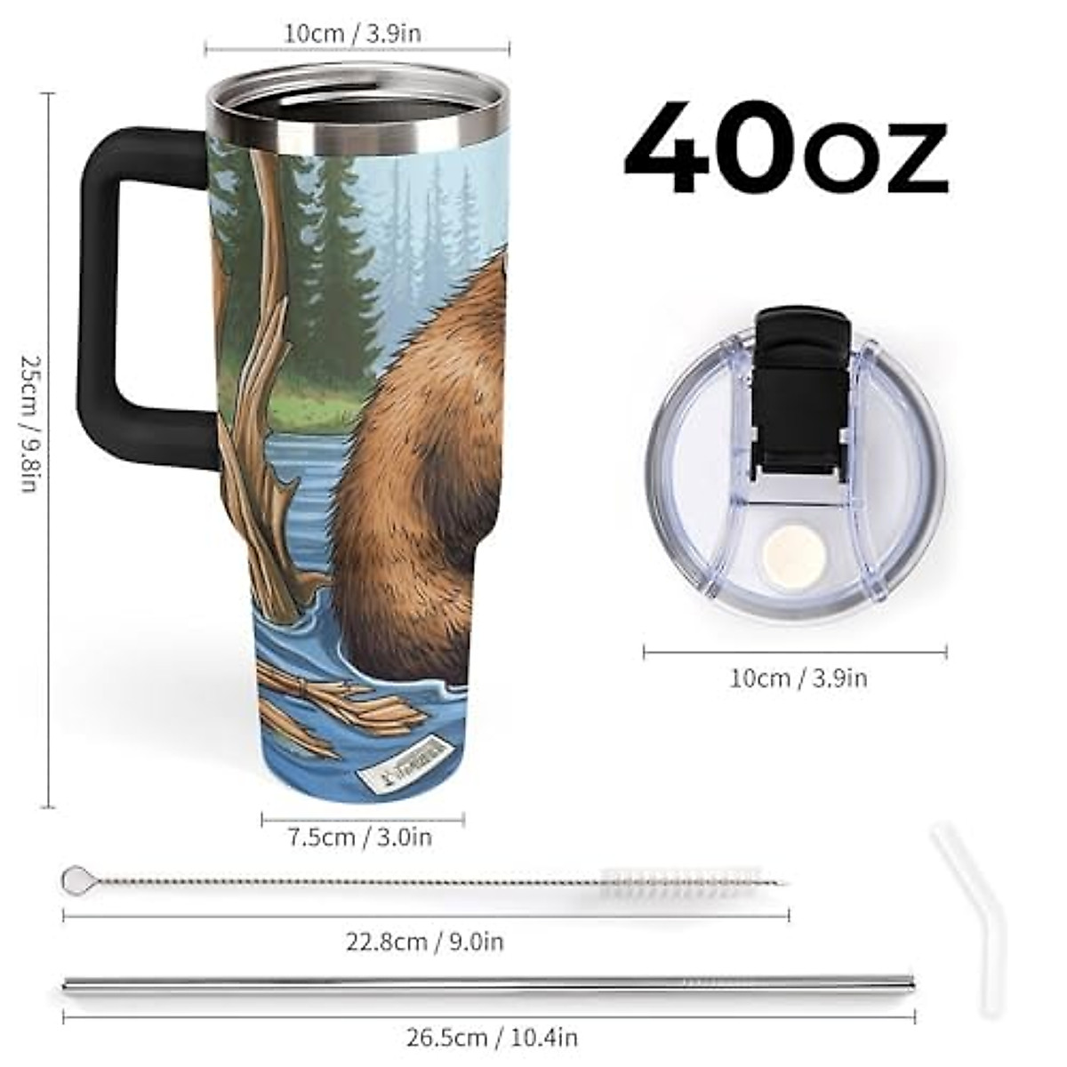 LLUTSNTH 40 Oz Vacuum Tumbler with Black Handle Leakproof Insulated Tumbler Busy Beaver Cartoon Stainless Steel Travel Mug with Lid And Straw Coffee Cup Cute Water Bottles Cup Holder Friendly
