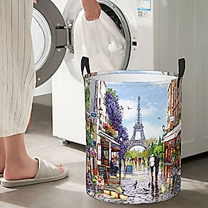 Round Single Paris Street Scene Eiffel Tower Dirty Laundry Hamper,Storage Bin Organizer Laundry Hamper Portable Laundry