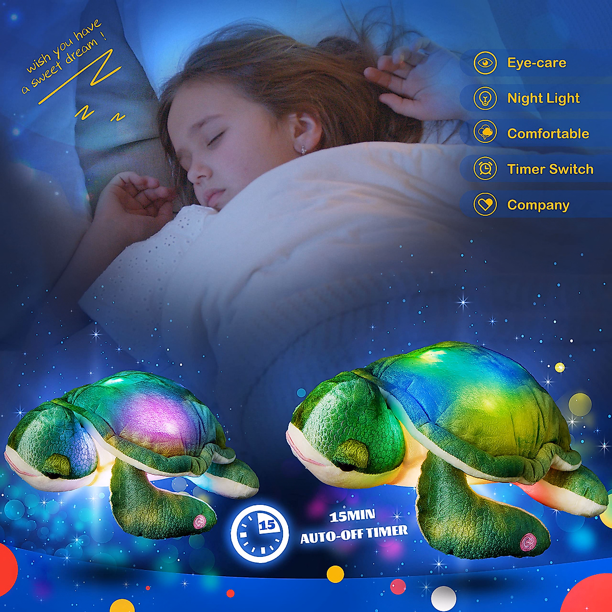 Glow Guards 14'' Light up Sea Turtle Stuffed Animal LED Soft Ocean Life Plush Toy Pillow with Colorful Night Lights Glowing Birthday Children's Day Gifts for Toddler Kids