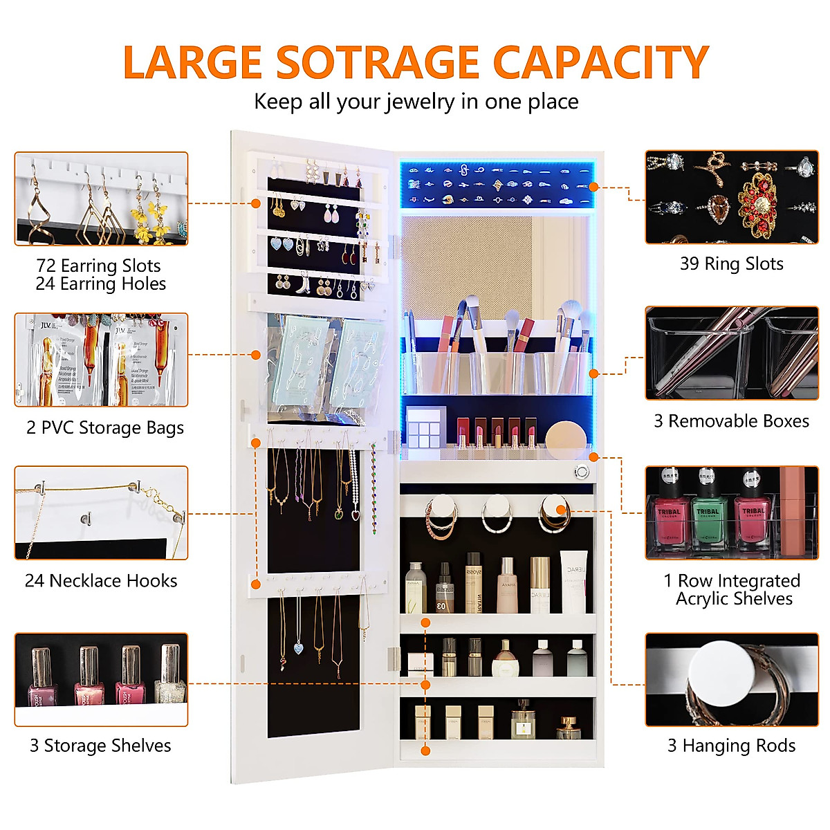 Vlsrka Jewelry Mirror Cabinet with LED Lights, Wall Mounted/Door Hanging Full-Length Jewelry Mirror, Lockable Storage Cabinet, Built-in Makeup Mirror for Bedroom Cloakroom (White)