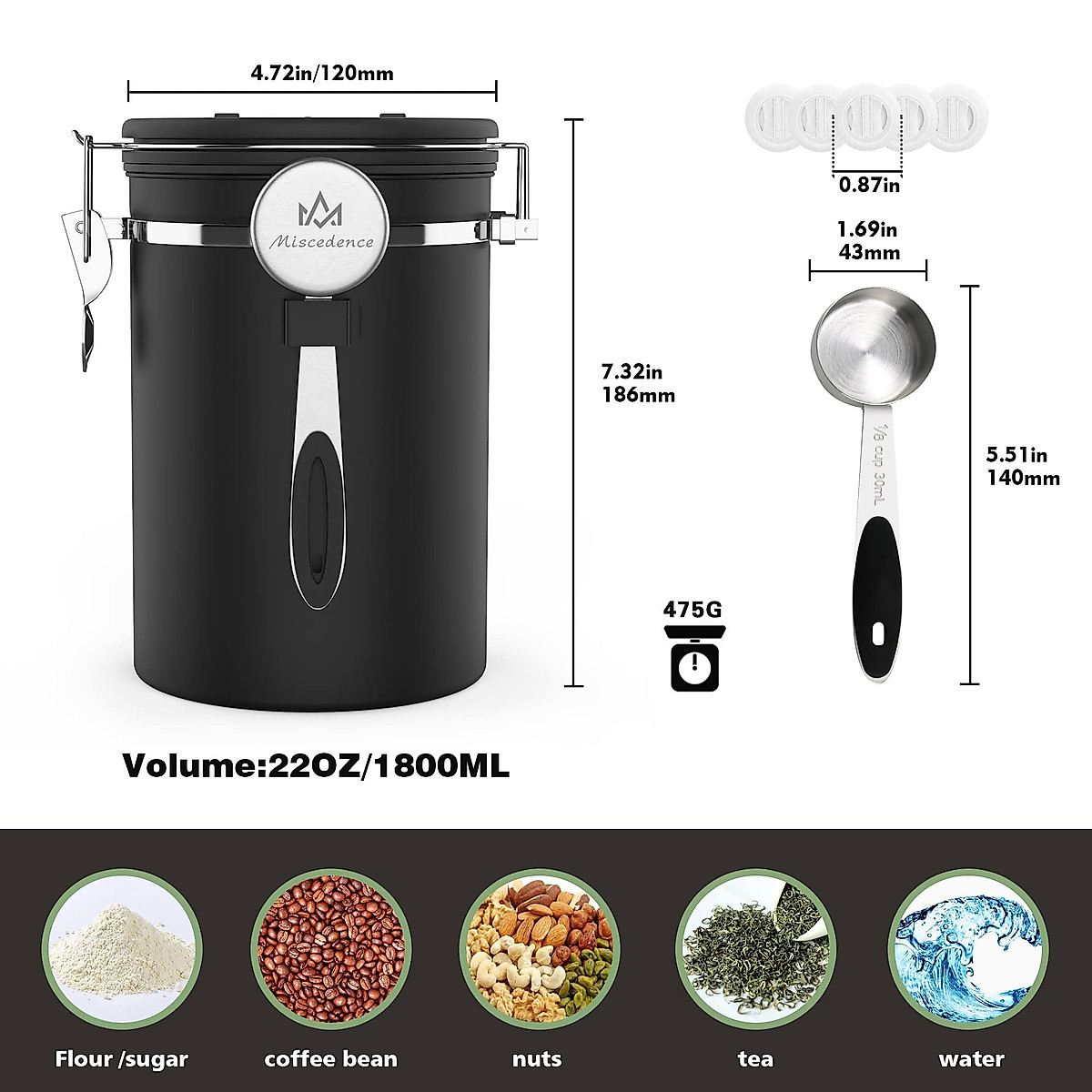 Miscedence Coffee canister for ground coffee with Scoop Date Tracker One Way Co2 Valve 304 Stainless Steel Kitchen Food Airtight storage container for Coffee Beans,Grounds,Tea,Sugar (Silver, 22oz)