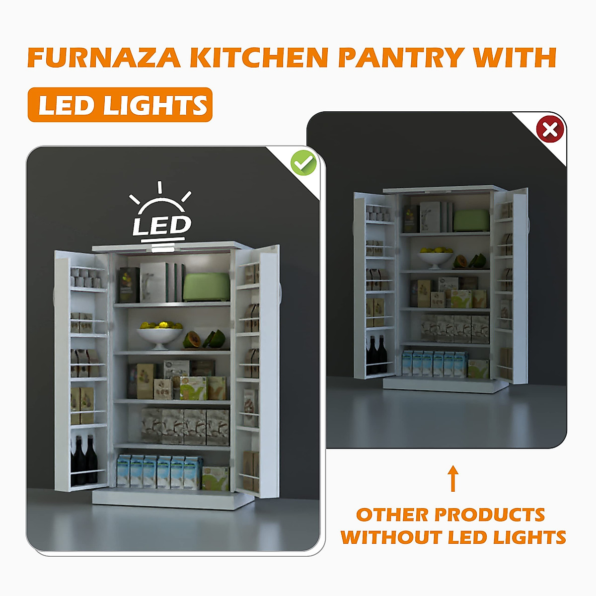 Furnaza 50" LED Kitchen Pantry Storage Cabinets - Standing Food Cabinets Cupboards with 2 Doors with Racks and Shelves Adjustable for Small Space in Dinning Room, Living Room, in White