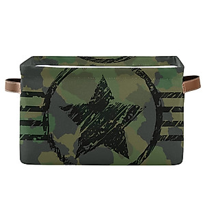 Military Camouflage Storage Basket Storage Bin Rectangular Collapsible Storage Box with Leather Handles Laundry Baskets Organizer for Kitchen, Bedroom