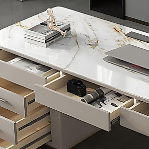 LAKIQ Modern Stone top Executive Desk with File Cabinet Storage Pedestal Home Office Desk Computer Desk Cable Management Rectangular Writing Table-Without Chair(55.1" L x 27.6" W x 29.5" H)