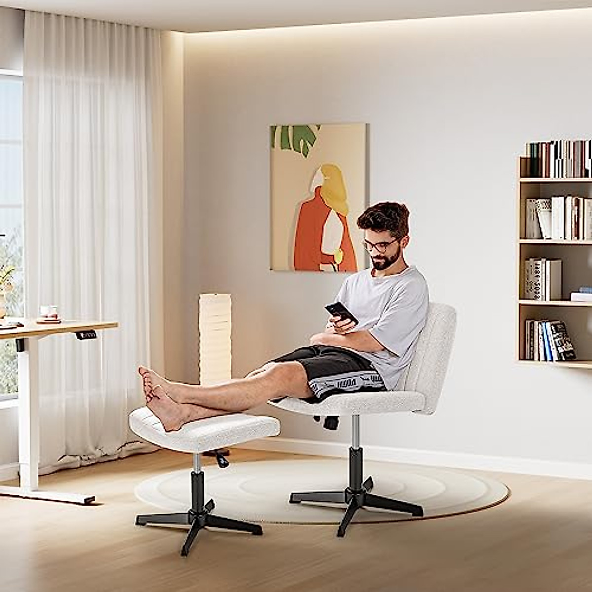 Flamaker Desk Chair No Wheels Arms, Armless Office Chair with Ottoman, Cross Legged Wide Fabric Padded Home Office Chair Task Chair for Living Room (Beige)