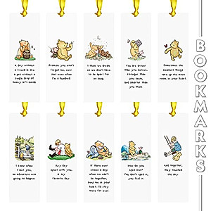 10 Pcs Winnie Bookmark， Winnie Theme Book Markers with Gold Ribbons, 15 x 5 cm