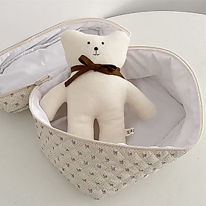 Dalulu Kawaii Floral Makeup Bag Coquette Aesthetic Cosmetic Bag Large Travel Make up Organizer Cute Pouch Cotton Quilted Toiletry Bag for Women Girls Kawaii Stuff (L-Beige Flowers)