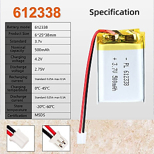 YDL 3.7V 500mAh 612338 Lipo battery Rechargeable Lithium Polymer ion Battery Pack with PH2.0mm JST Connector