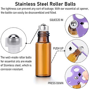 Easytle Essential Oil Roller Bottles, 24 Pack Amber Glass Roller Bottles 5ml, Roller Balls for Essential Oils, Roll on Bottles (96 Pieces Labels, 4 Funnels, 4 Dropper, 2 Opener)