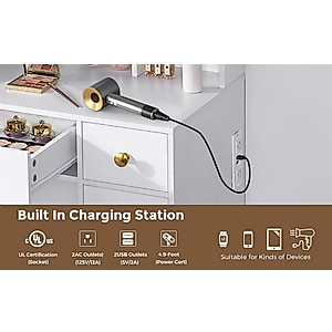 ANWBROAD Vanity Desk Set with Large LED Lighted Mirror Power Outlet Makeup Vanity Table 3 Color Lighting Modes Dressing Table with 5 Drawers and 2 Cabinets Cushioned Stool for Bedroom, White UBDT57W