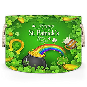 Saint Patricks Day Clover Leaf Large Round Baskets for Storage Laundry Baskets with Handles Blanket Storage Basket for Bathroom Shelves Bins for Organizing Nursery Hamper Girl Boy