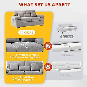 Living Room Loveseat Sofa Couch, 73" Love Seat Couch Sofa, Upholstered Chenille Living Room Sofa with Extra 3 Pillow, Removable Back Cushion-LightGrey