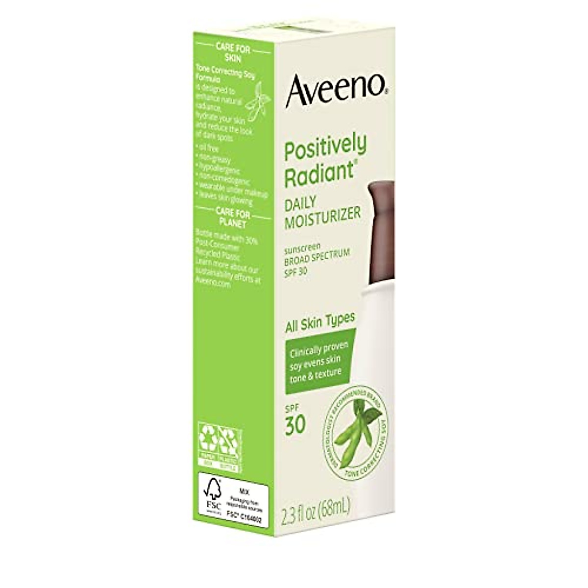 Aveeno Positively Radiant Daily Facial Moisturizer with Broad Spectrum SPF 30 Sunscreen & Soy, Improves Skin Tone & Texture, Hypoallergenic, Oil-Free & Non-Comedogenic, 2.3 Fl. Oz