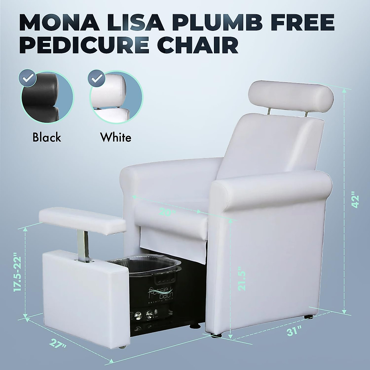Buy-Rite Salon & Spa Equipment Mona Lisa Plumb Free Pedicure Chair, No Plumbing Pedicure Station for Professional Spas and Salons, Reclining Backrest & Pull Out Leg Rest (White)