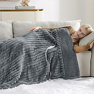 Bedsure Heated Blanket Electric Throw - Thick Striped Flannel, Fast Heating Electric Blanket with 6 Heating Levels, 4 Time Settings, and Adjustable 3-Hour Auto-Off (50x60 inches, Grey)