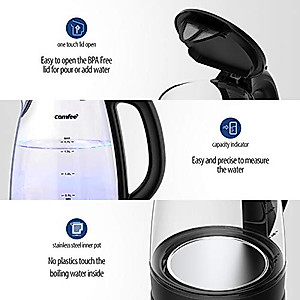 COMFEE' Glass Electric Tea Kettle & Hot Water Boiler(BPA-Free), 1.7L, Cordless with LED Indicator, 1500W Fast Boil, Auto Shut-Off and Boil-Dry Protection