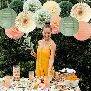 Sage Green and Peach Party Decorations Olive Green Sage Cream Peach Tissue Paper Pom Poms Lanterns Confetti Dots Scatter Table Decoration for Bridal Shower Wedding Engagement Birthday Party Decoration