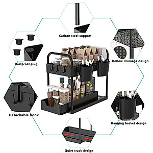 Under Sink Organizers and Storage, 2-Tier Sliding Under Cabinet Bathroom Storage with Hooks, Hanging Cup, Handles, Multi-Purpose Under Sink Organizer for Bathroom Kitchen, Black, 2Pack