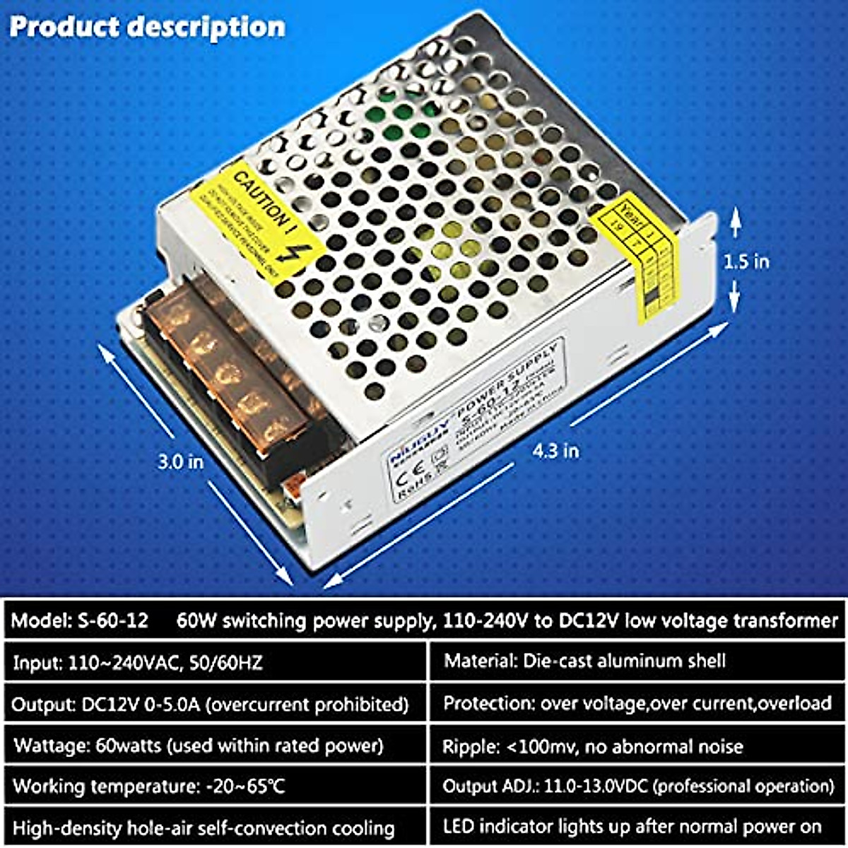 NiuGuy Switching Converter,110V/240V AC to DC 12V 5amp 60W Power Supply, Universal Regulated Transformer Adapter Driver for LED Strip Lights, CCTV, Radio, Security System, Computer Project