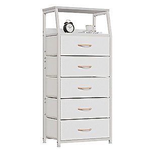 Furnulem White Dresser with 5 Drawers, Vertical Storage Tower Fabric Dresser for Bedroom, Hallway, Entryway, Nursery, Closet Organizer, Nightstand Bedside Table Furniture, Sturdy Steel Frame, Wood Top