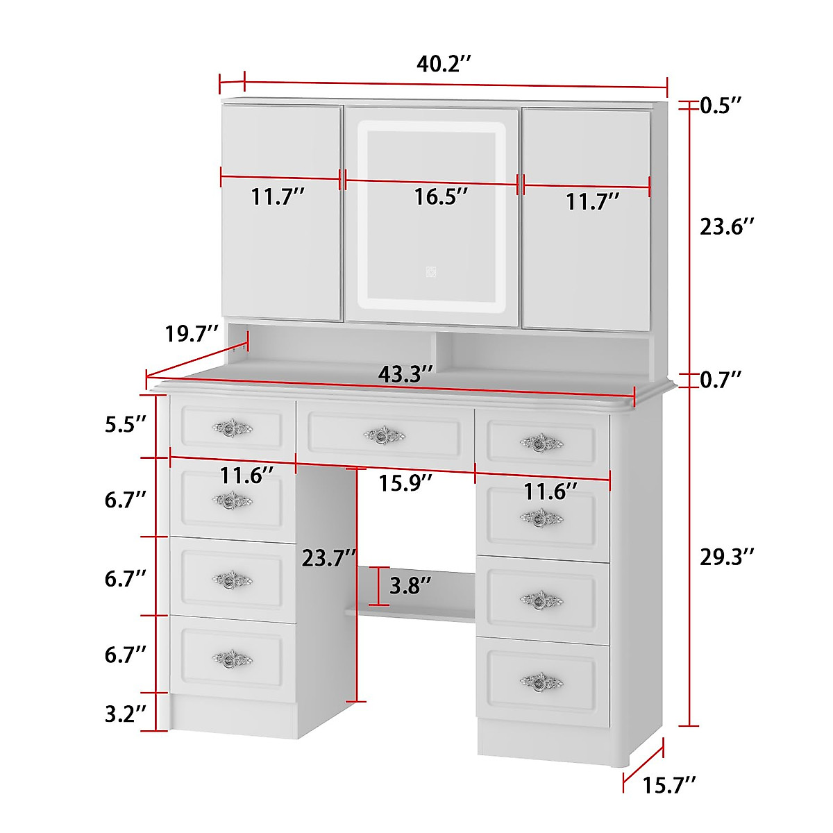 ECACAD Modern Makeup Vanity Desk with Lighted Mirror, Vanity Table Dressing Table with 9 Drawers, Hidden Shelves & Foldable Mirror, 3 Color Lighting Modes, Brightness Adjustable, White