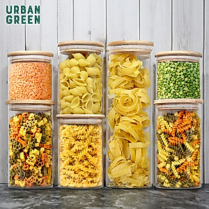 Urban Green Glass Jars with Bamboo Lids, Glass Airtight Canisters sets, Glass Food Storage Container, Pantry Organization and Storage Jars, Kitchen Canisters Sets, Spice Jars, Flour Containers of 6