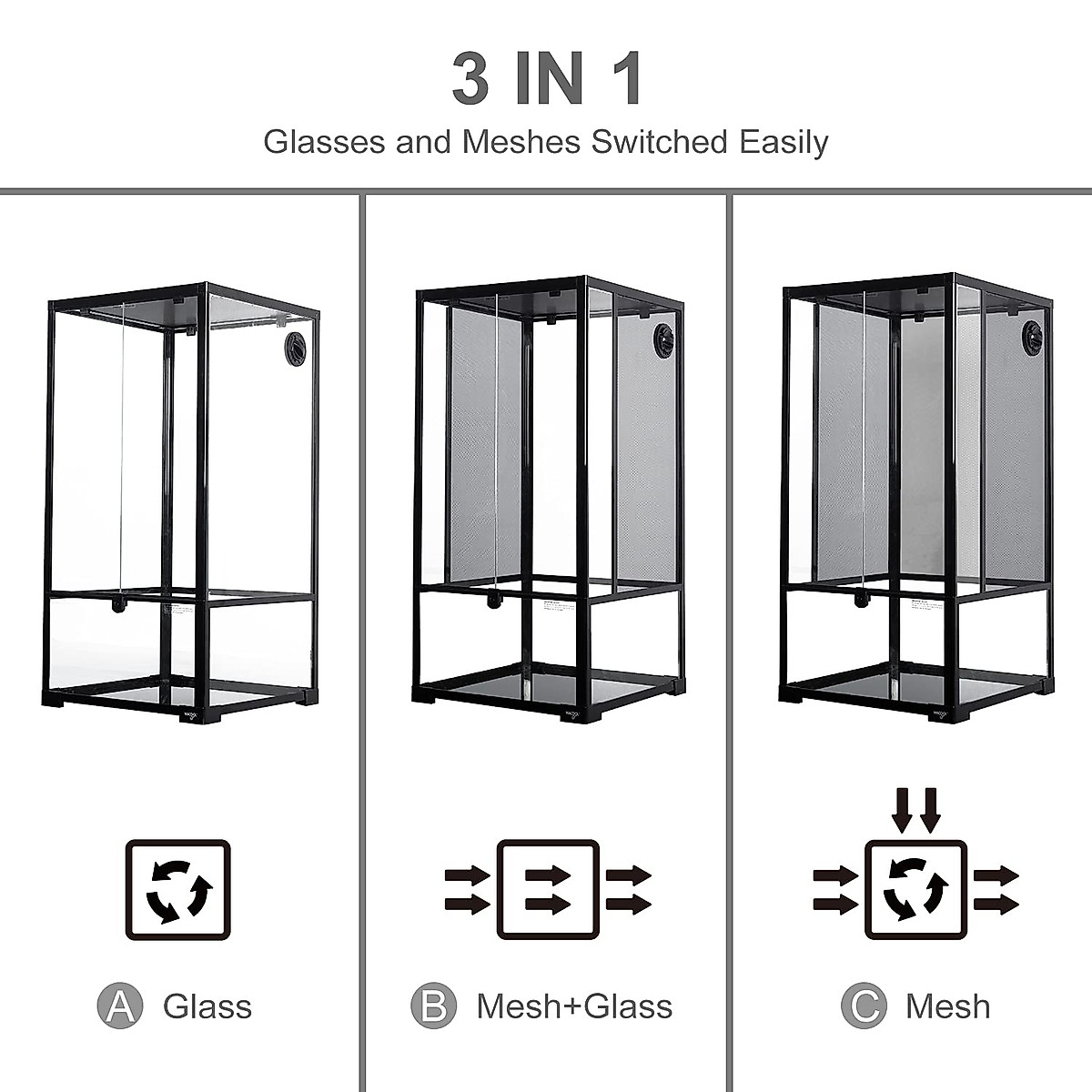 WACOOL Glass 50 Gallon Reptile Tank, Front Opening Chameleon Cage 18" x 18"x 36", 3-in-1 Side Design(Glass or Mesh+Glass), Bio Deep Base 10" Vertical Reptile Cage for Frog Iguana