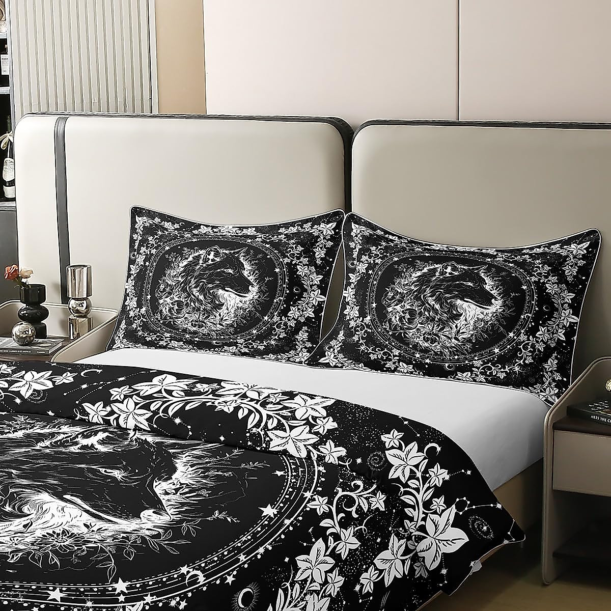 Feelyou Boho Exotic Wolf Bedding Set for Boys Kids King Sun Moon Comforter Cover Set Room Decorative Bohemian Wild Animals Theme 100% Cotton Duvet Cover Galaxy Floral Bedspread Cover 3Pcs Bedclothes