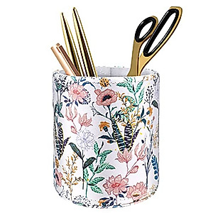 WAVEYU Pen Holder for Women Girls, Decorative Pencil Organizer, Makeup Brush Holder, Leather Multi-Functional Organizer for Office, Home, Classroom, White Flower