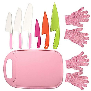 11PCS Kids Plastic Knife Set,Kids Safe Knife Set with 2 Pair Cut Resistant Gloves (Ages 6-12) & Cutting Board,Kids Cooking Tool BPA-Free ,Salad (Pink)