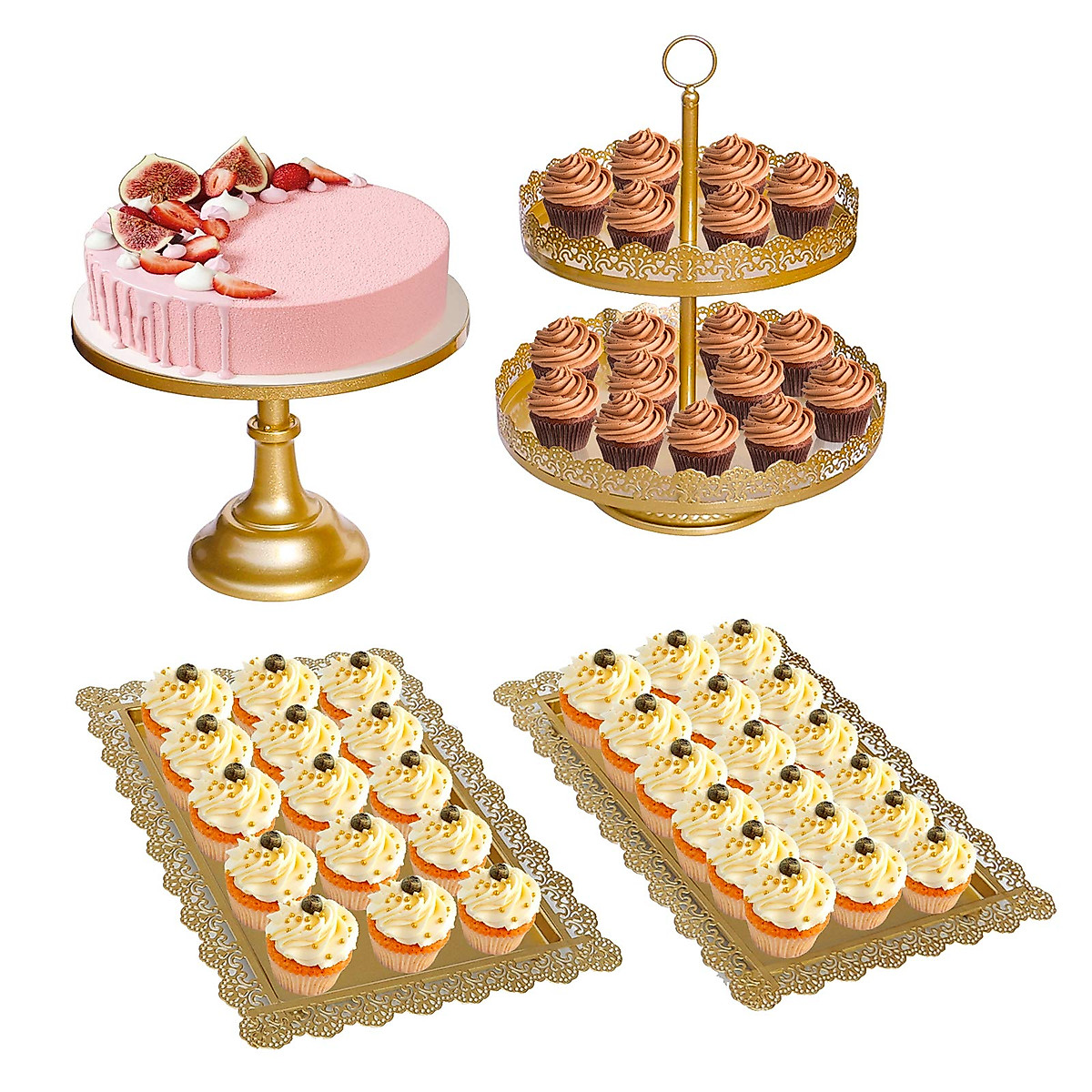 4Pcs Metal Cake Stand and Trays Metal Cupcake Holder Fruits Dessert Display Plate for Wedding Birthday Party Baby Shower Celebration Home Decor Gold