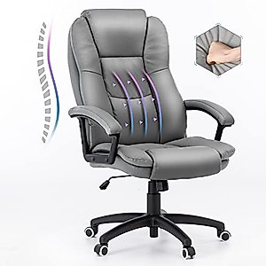 High Back Big and Tall Leather Office Chair, Ergonomic Grey Executive Chair, Comfortable Padded Office Chair Adjustable Height Bonded Leather Chairs with Cushions Armrest for Long Time Seating (Grey)