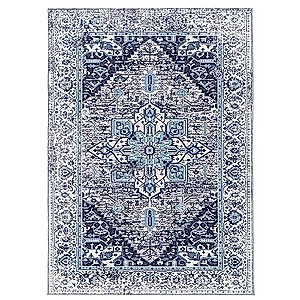 Syalife Washable Rug Vintage Area Rugs, 5'x 7' Living Room Rug with Non Slip Backing, Ultra-Thin Medallion Distressed Non-Shedding Blue Rug, Vintage Floor Mat Indoor Rug (FG12-Blue, 5'x 7')