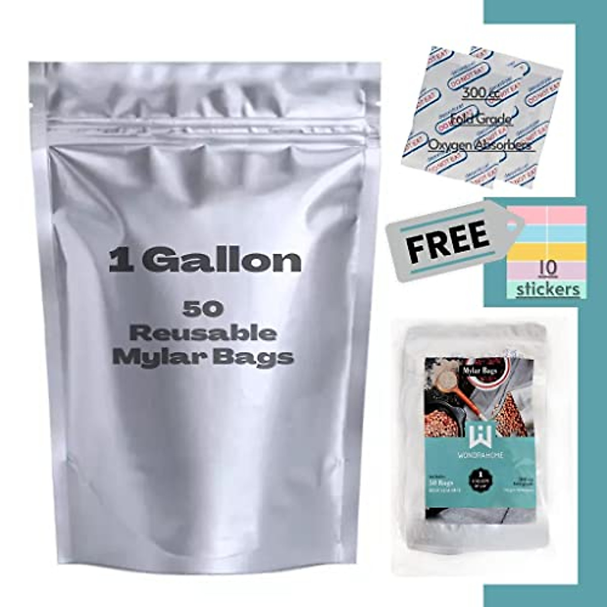 WondraHOme 50 Freeze Dryer Mylar Bags for food storage 1 Gallon with 50 oxygen absorbers - Smell proof containers resealable bags, reusable storage bags, heat seal bags, ziplock Bag, food Bag, 3