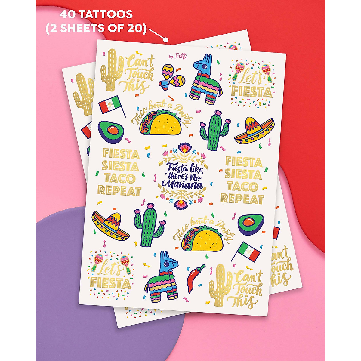 xo, Fetti Fiesta Party Supplies Metallic Tattoos - 40 styles | Cinco De Mayo Decorations, Final Fiesta Bachelorette + Mexican Decor