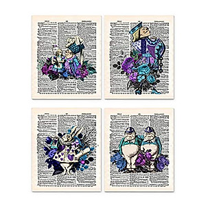 Alice in Wonderland Wall Art, 8x10 Set of 4 Un Framed Decor Prints in Blue Tones. Upcycled Vintage Style Dictionary Page. Ideal for Book Lovers, English Teachers, Librarians and Lewis Carroll Fans