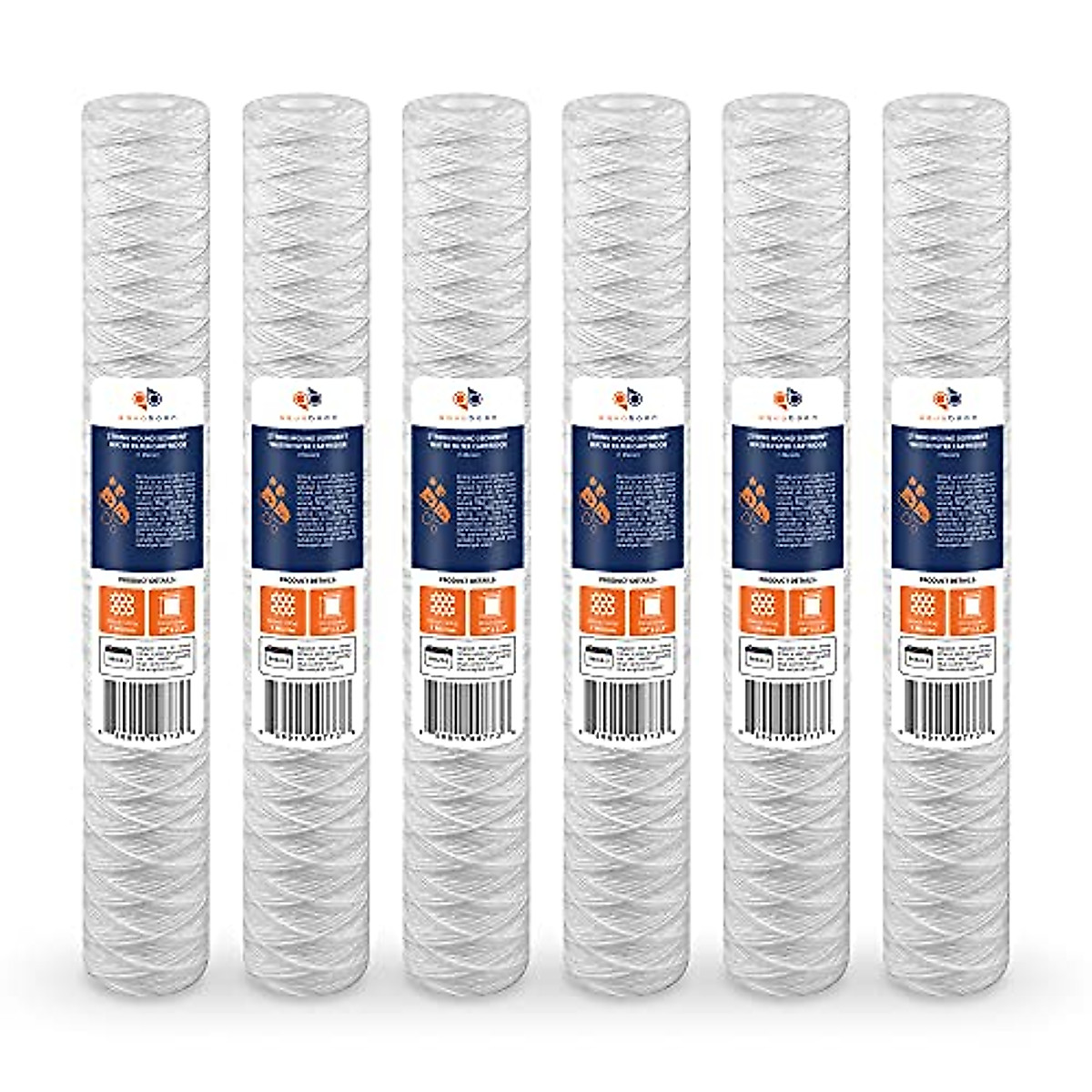 Aquaboon 1 Micron 20" x 2.5" String Wound Sediment Water Filter Cartridge | Universal Replacement for Any 20 inch RO Unit | Compatible with 101-230, PD-5-20, AP110-2C, P5-20, CFS124-C20, 6-Pack