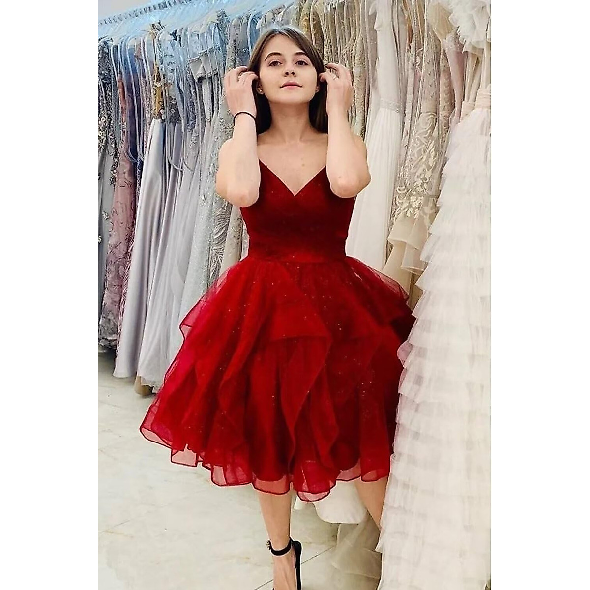 ZSHAOLHYJYZS Homecoming Baby Pink Homecoming Dress Tulle Spaghetti Straps Short Prom Dress for Teens Puffy Ruflle V Neck Mini Dress Size 16W