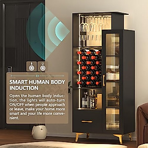 Vlsrka LED Liquor Wine Cabinet, Wine Bar Cabinet with USB Port, Bar Cabinets for 18 Bottle Wine Rack and 3 Glass Holder, Tall Sideboard Buffet Storage Cabinet for Living, Dining Room, Black