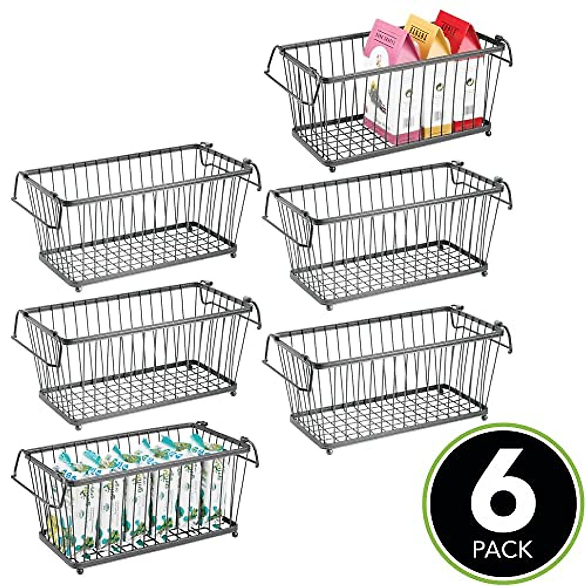 mDesign Household Stackable Metal Wire Storage Organizer Bin Basket with Built-in Handles for Kitchen Cabinets, Pantry, Closets, Bedrooms, Bathrooms - 12.5" Wide, 6 Pack - Graphite Gray