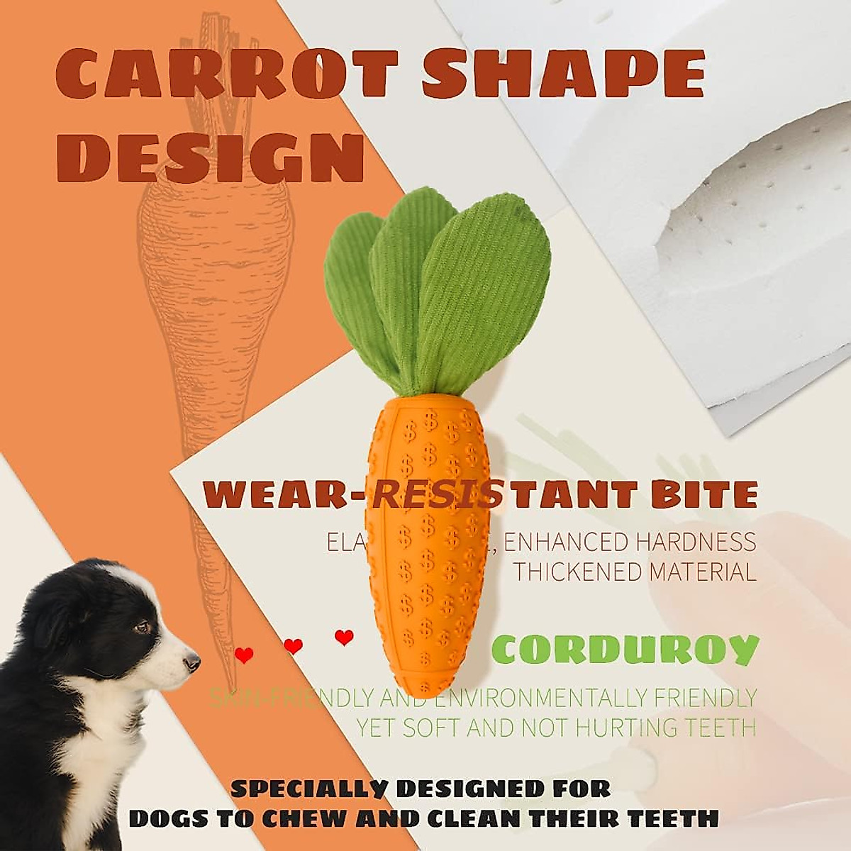 Cooway Dog Chew Toy, Carrot Dog Squeaky Toys for Aggressive Chewers, Natural Rubber Dog Teeth-Cleaning Toy for Puppy Small Medium Large Dogs,Interactive Tough Dog Toy for Training