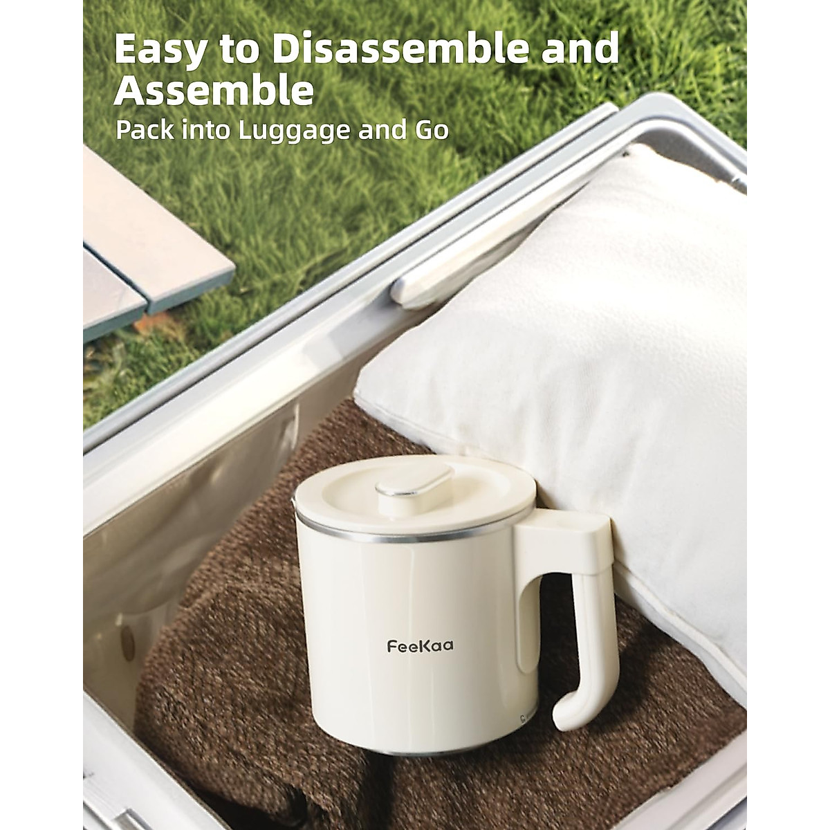 FeeKaa Travel Electric Kettle, Portable Foldable Kettle, 304 Stainless Steel, Small Electric Kettle for Boiling Water with Temperature Control, Tea Kettle for Coffee & Tea, Home & Outdoor, 600ml 600W