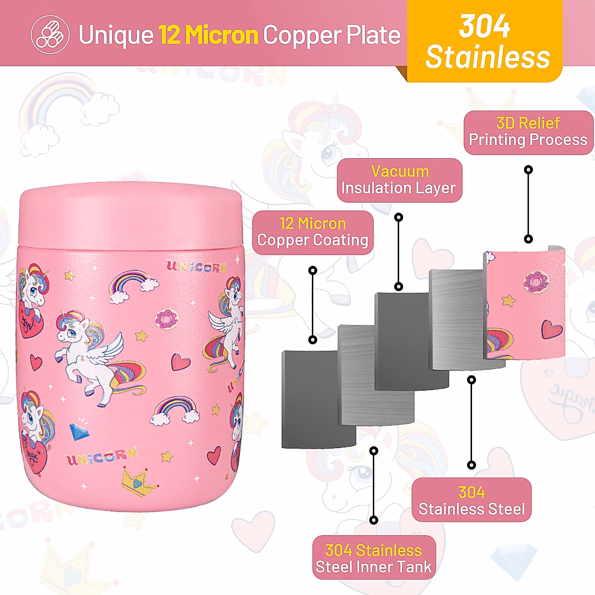 Charcy 9oz Stainless Steel Vacuum Insulated Kids Food Jar - Soup Thermo for Hot & Cold Food - Magenta Unicorn