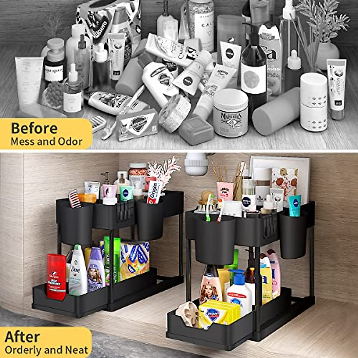 Under Sink Organizers 2 Pack, 2 Tier Sliding Under Bathroom Cabinet Storage Drawer Organizer with Hooks, Hanging Cup, Dividers for Bathroom, Kitchen Multi-Purpose, Under Sink Organizers and Storage