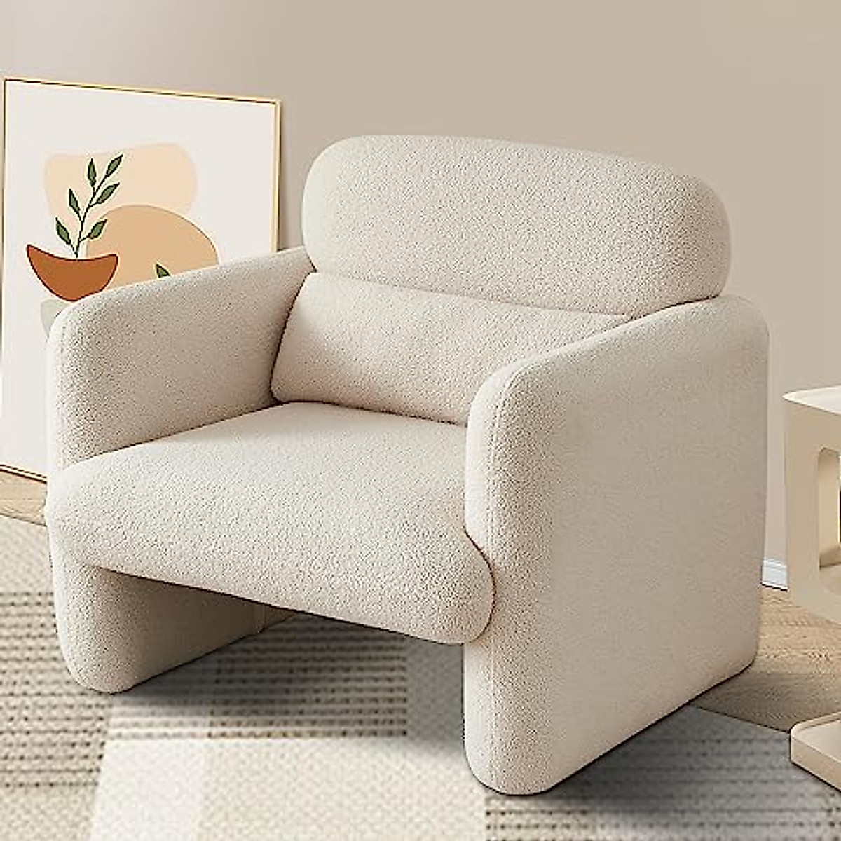 Tmsan Boucle Accent Chair for Living Room, 34" Modern Sherpa Barrel Arm Chair Comfy Upholstered Teddy Single Sofa Chair for Bedroom Office Lounge Club