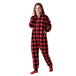 Giggling Getup Christmas Fleece Plaid Pajamas Jumpsuits Adult, Christmas Women Hoodie Full Zipper Pajamas-XL Red