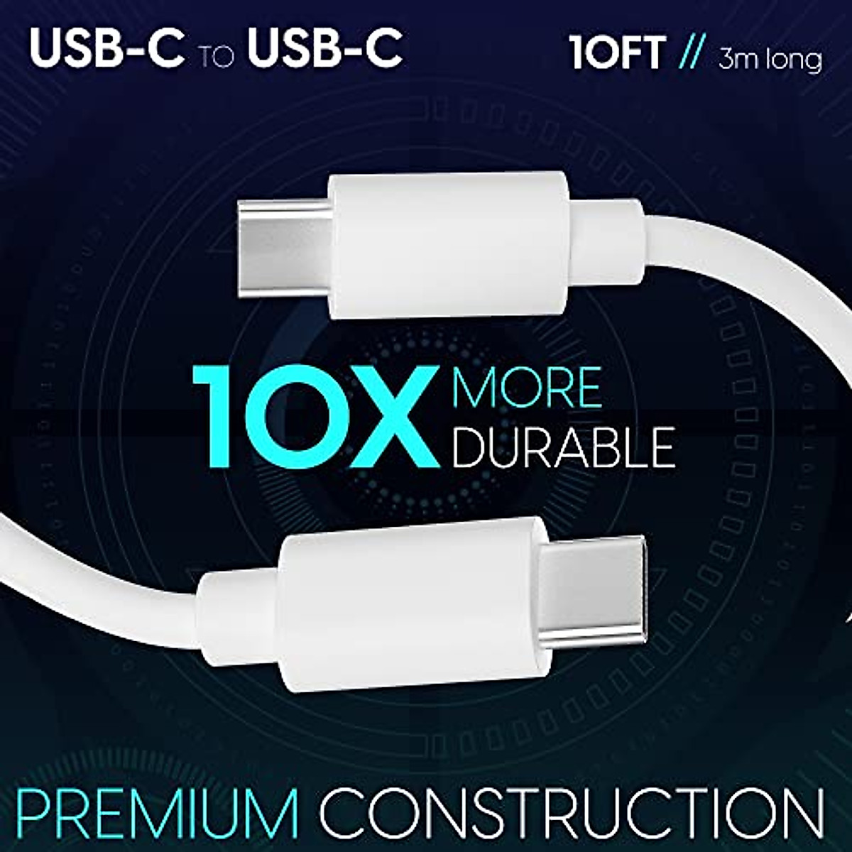 TALK WORKS USB C to USB C Cable 10 ft Android Phone Charger Heavy Duty PD Type C Fast Charging Power Delivery Cord for Samsung Galaxy S21, 20, 10, 9, 8, for Apple MacBook, iPad Pro, Switch - White