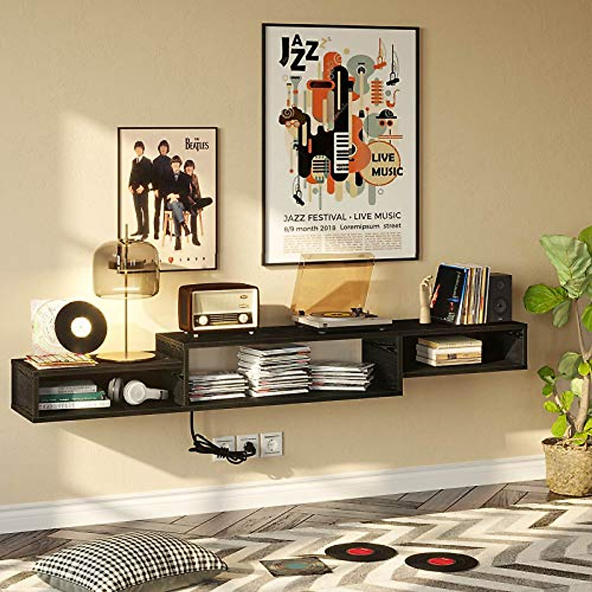 Rolanstar TV Stand with Power Outlet, 71" Floating TV Stand, Wall Mounted Media Console for 43/50 / 55/60 inches TV, Entertainment Storage Shelf for Living Room, Black