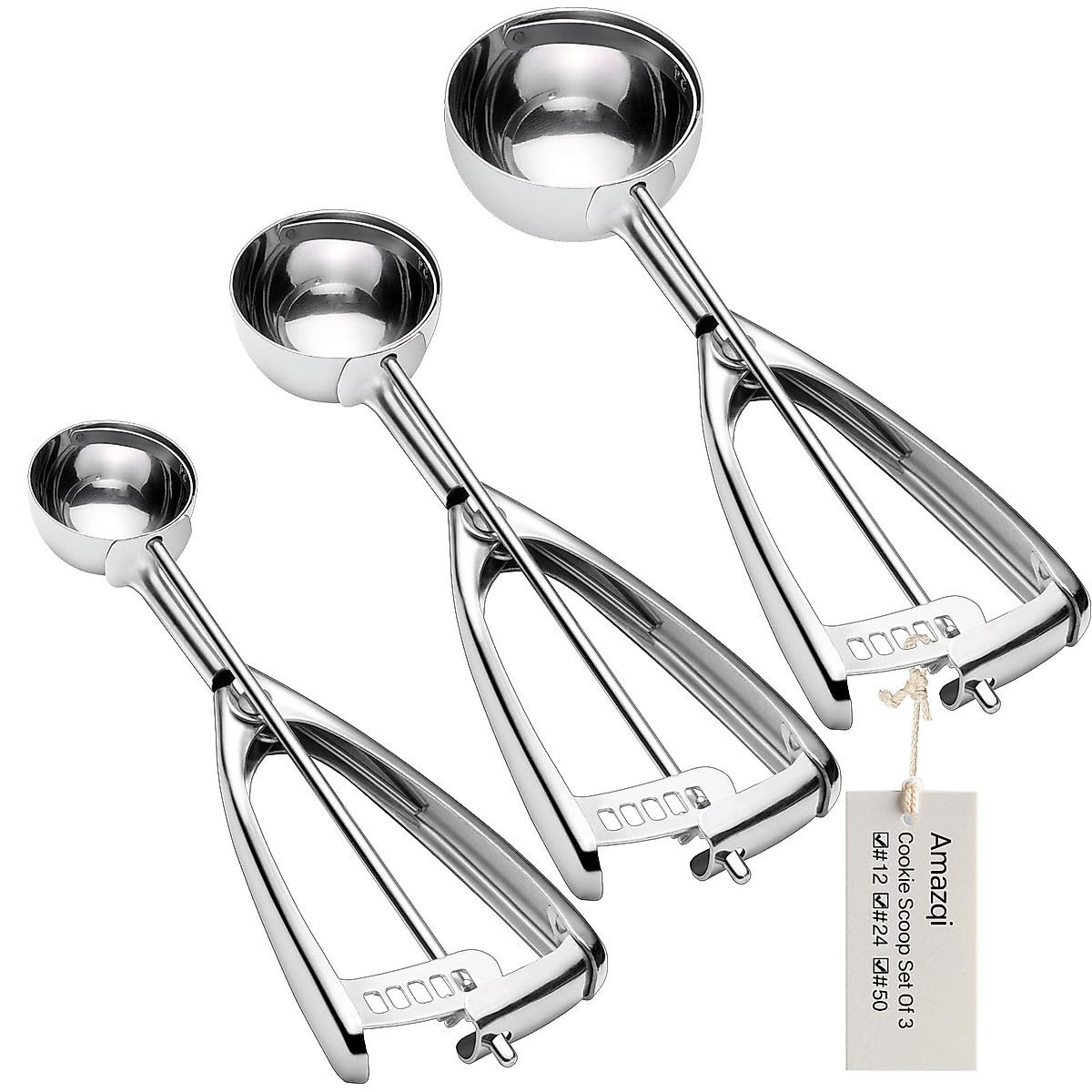 Cookie Scoop Set of 3 - Ice Cream Scoop with Trigger Include 1.5 Tbsp / 2.8 Tbsp / 5.4 Tbsp - 18/8 Stainless Steel Heavy Duty Cookie Dough Scoop for Baking Melon Baller Meatball Cupcake Muffin